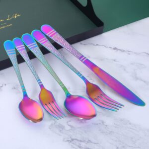 Buyer Star Rainbow Flatware Cutlery Silverware Set 20 Pieces, Stainless Steel Titanium Colorful Utensils, Cutlery Set,Tableware Set, Reusable, Mirror Polished, Dishwasher Safe