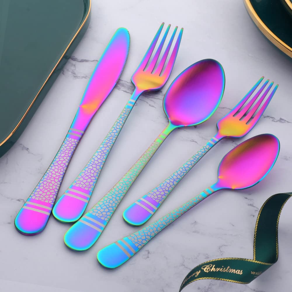 Buyer Star Rainbow Flatware Cutlery Silverware Set 20 Pieces, Stainless Steel Titanium Colorful Utensils, Cutlery Set,Tableware Set, Reusable, Mirror Polished, Dishwasher Safe