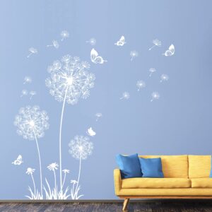 Supzone Dandelion Wall Stickers Flower Wall Decals Butterflies Flying Wall Decors Art Stickers for Bedroom Living Room Sofa Backdrop TV Wall Decor (White Dandelion)