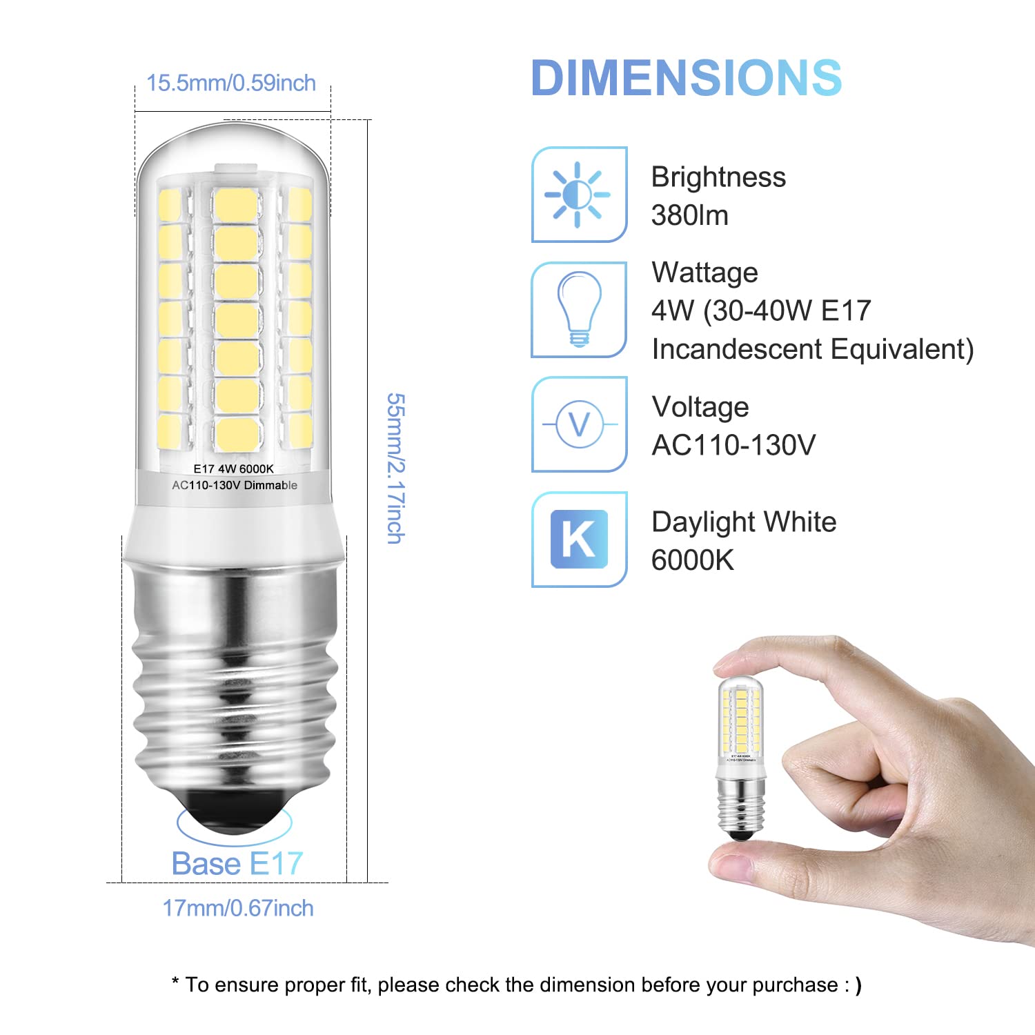 KLG E17 LED Bulbs Dimmable Under Microwave Oven Stove Lights, Daylight 6000K, 40W Incandescent Equivalent, E17 LED Aappliance Bulbs Stove Hood Light, Pack of 2