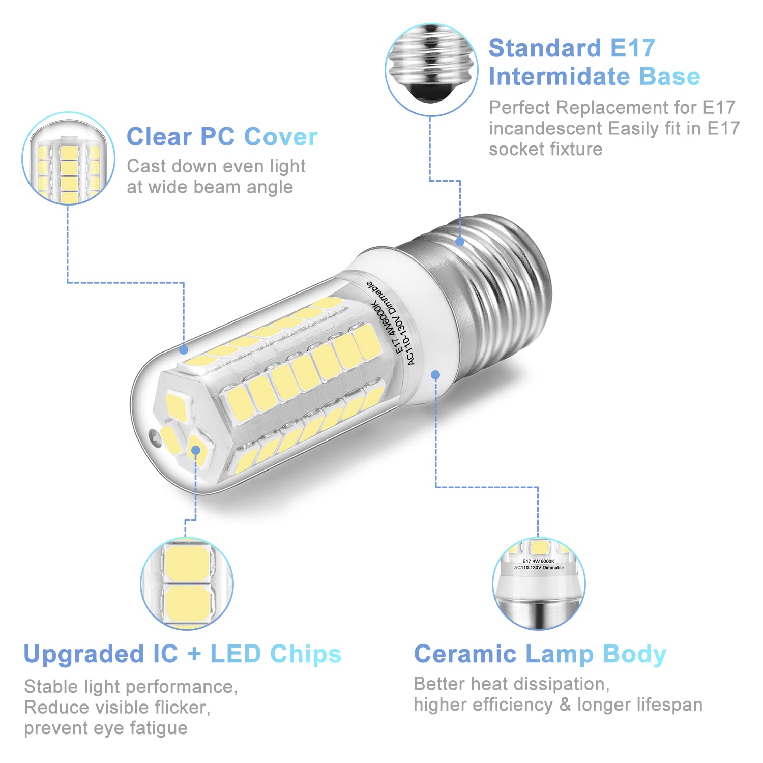 KLG E17 LED Bulbs Dimmable Under Microwave Oven Stove Lights, Daylight 6000K, 40W Incandescent Equivalent, E17 LED Aappliance Bulbs Stove Hood Light, Pack of 2