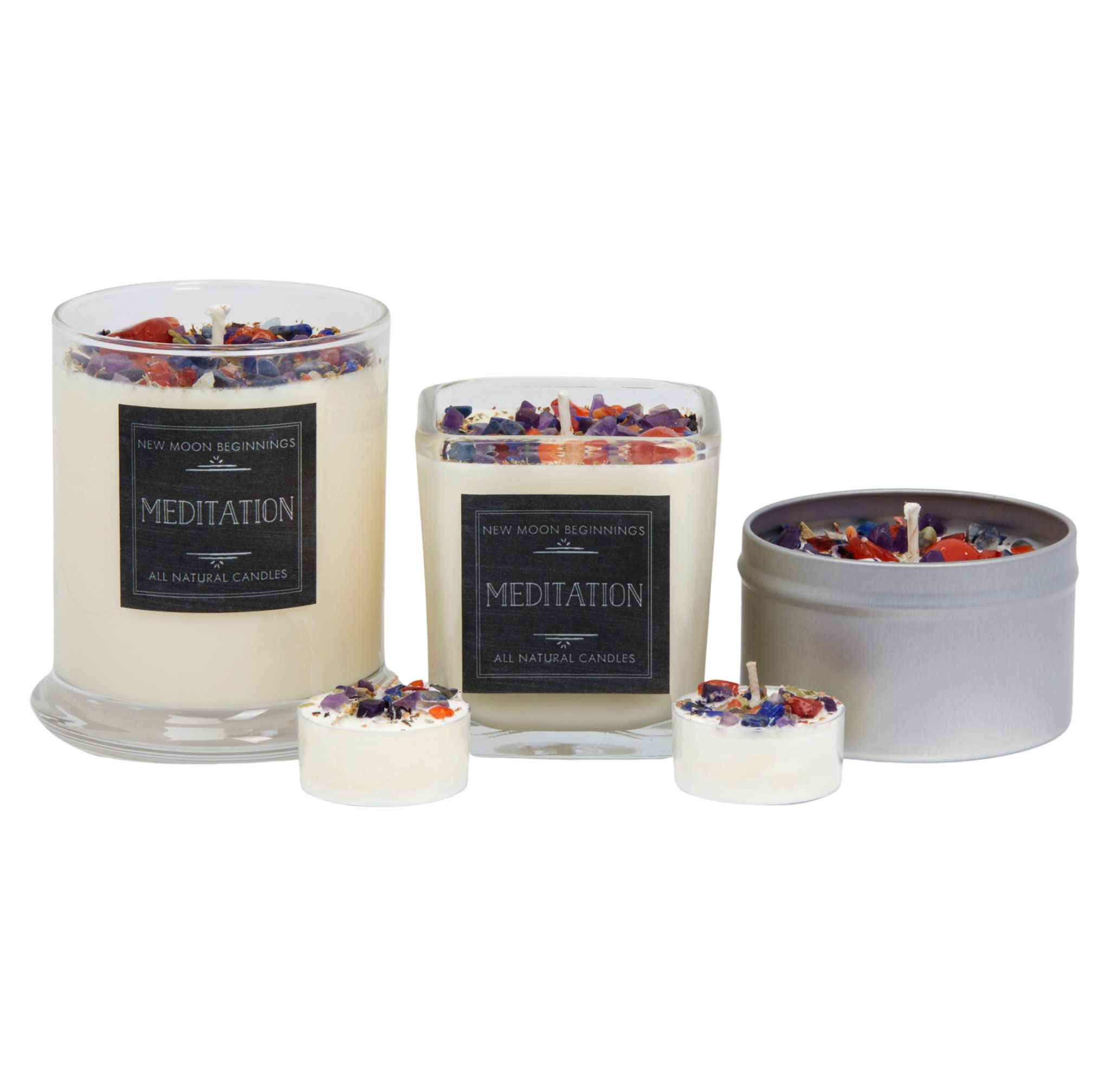 Meditation Candle by New Moon Beginnings - Crystal Candles - Soy Candle - Patchouli, Amber, Vanilla - Carnelian, Lapis Lazuli, Amethyst - Set of 6 Tealights (1 oz. Each)