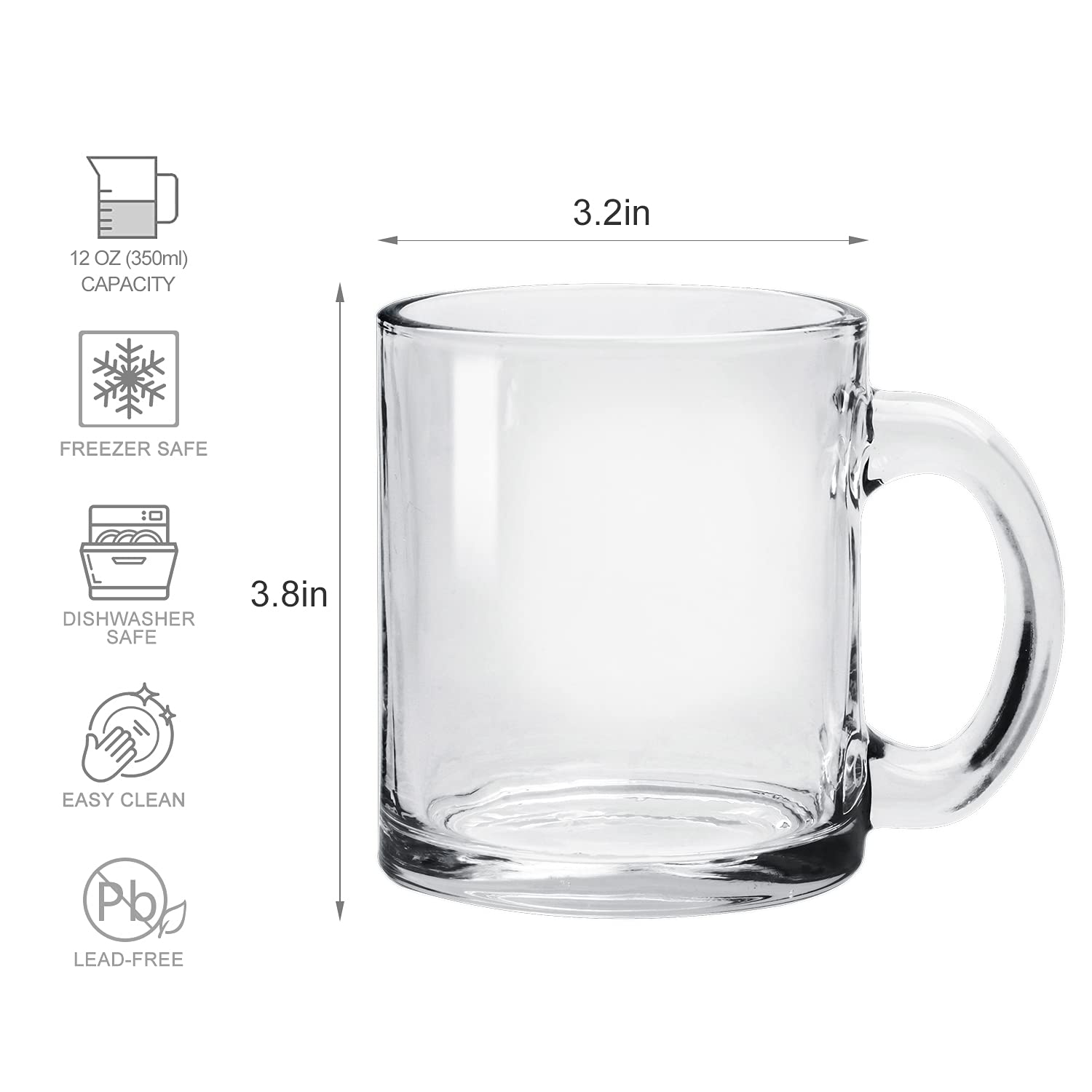 Maredash Glass Coffee Mugs Set of 6,Large Wide Mouth Mocha Hot Beverage Mugs (10oz),Clear Espresso Cups with Handle,Lead-Free,Perfect for Latte,Cappuccino,Hot Chocolate,Tea and Juice