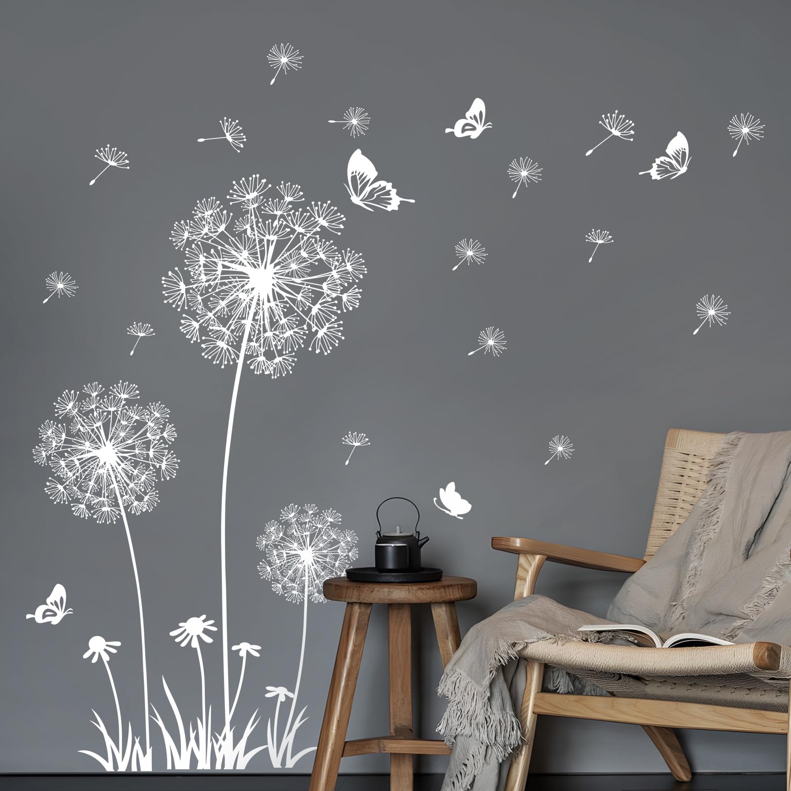 Supzone Dandelion Wall Stickers Flower Wall Decals Butterflies Flying Wall Decors Art Stickers for Bedroom Living Room Sofa Backdrop TV Wall Decor (White Dandelion)