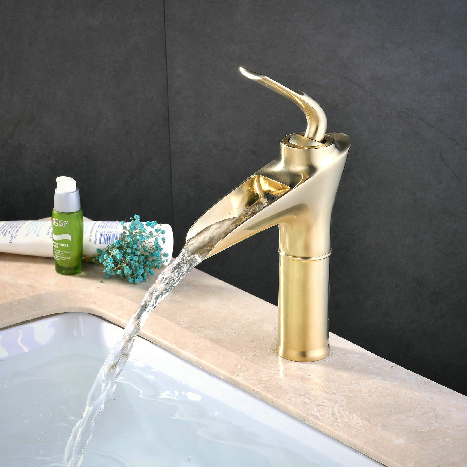 SHUNLI Waterfall Bathroom Faucet Brushed Gold Bathroom Sink Faucet,Single Hole Single Handle Lavatory Vanity Bath Faucet Commercial,Solid Brass