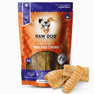 raw dog 6in 8pk beef trachea for dogs, 100% beef trachea chews, grass fed, non-gmo, all-natural dog treats, premium odor free trachea dog chews