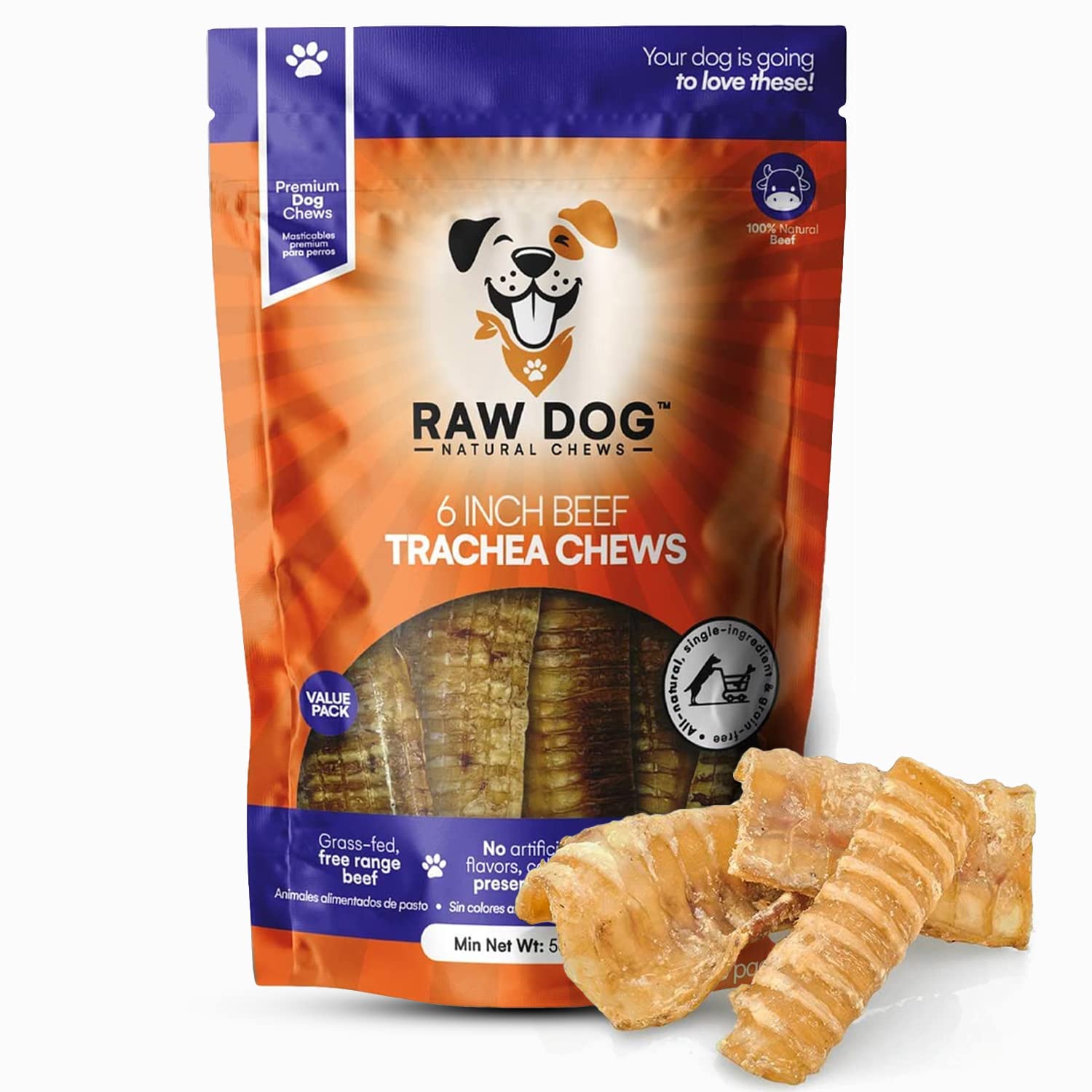 Raw Dog 6in 8pk Beef Trachea for Dogs, 100% Beef Trachea Chews, Grass Fed, Non-GMO, All-Natural Dog Treats, Premium Odor Free Trachea Dog Chews