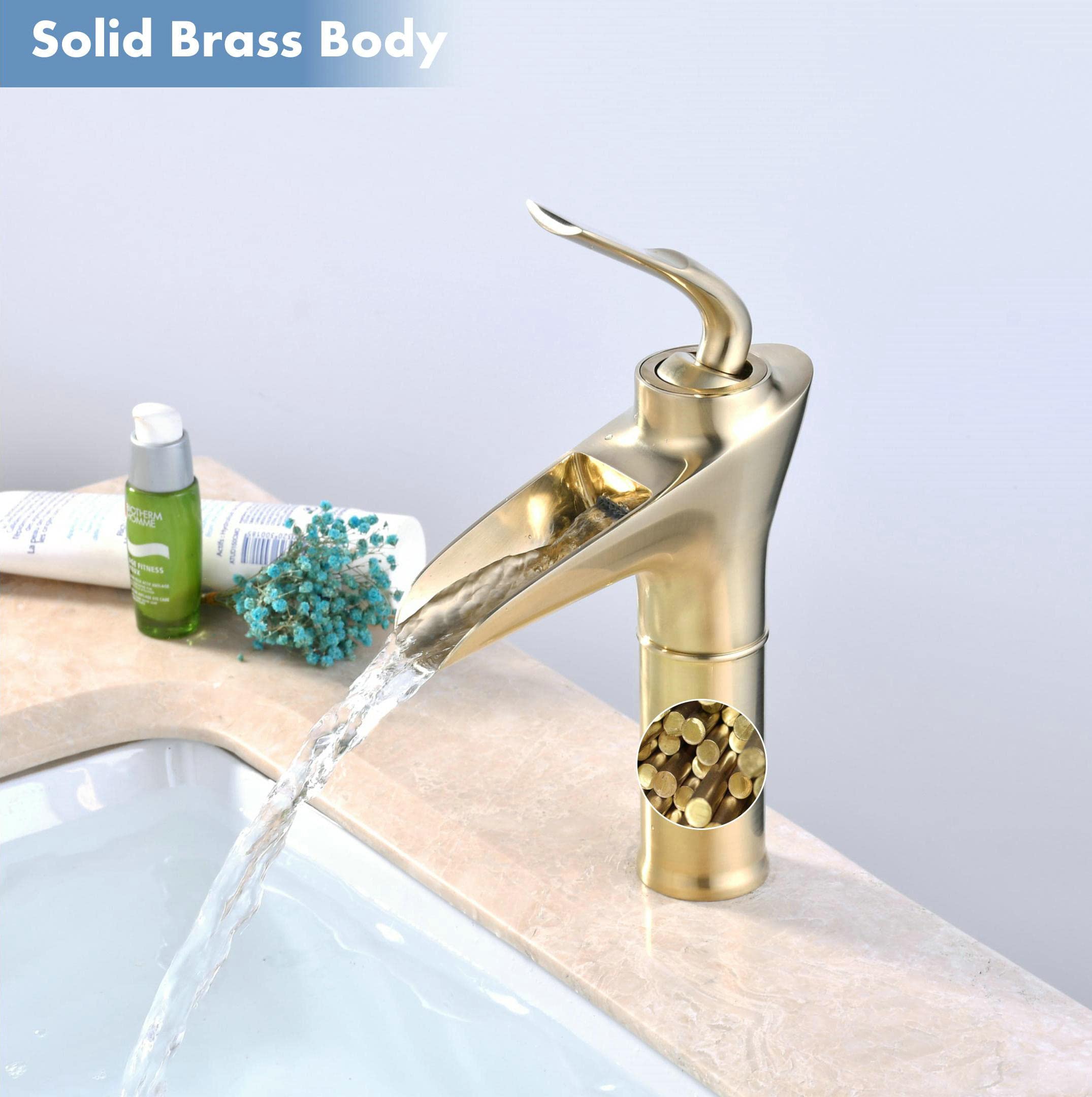 SHUNLI Waterfall Bathroom Faucet Brushed Gold Bathroom Sink Faucet,Single Hole Single Handle Lavatory Vanity Bath Faucet Commercial,Solid Brass