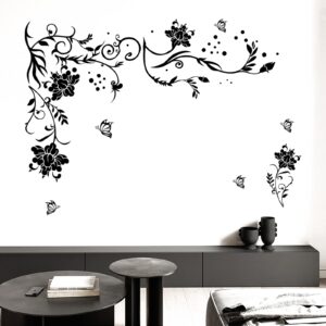 Supzone Flowers Vine Wall Decals Black Flower Wall Stickers Butterfly Floral Wall Decor Removable Vinyl DIY Home Wall Art Stickers for Bedroom Living Room Sofa Backdrop TV Wall Decoration