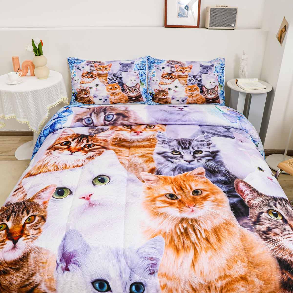 Feelyou Kawaii Animals Cute Comforter Twin Bedding Sets for Girls, Cartoon Cat Toddler Bedding Set Boys Soft Warm Comforter Set Cat Lovers Animal Decor Bedroom 1 Comforter + 1 Pillowcase,All Seasons