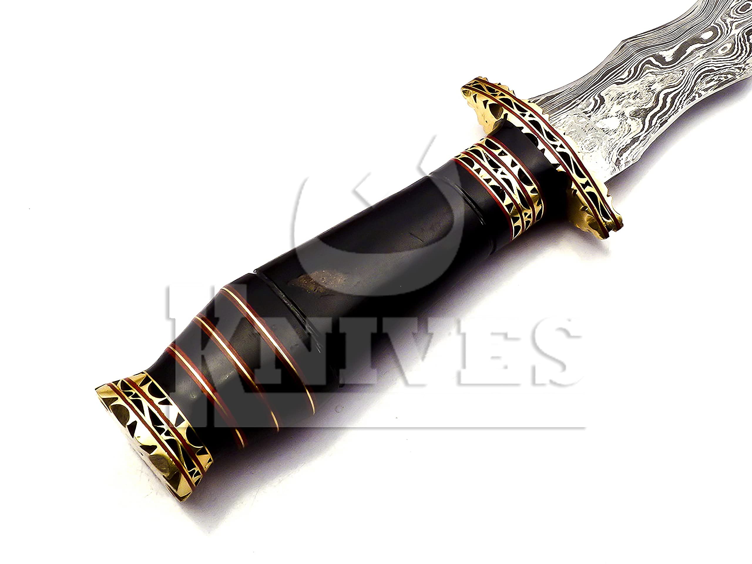 NoonKnives: custom Hand Made Damascus Steel Collectible wavy dagger Knife Handle bull horn with Brass Inserts (Black)