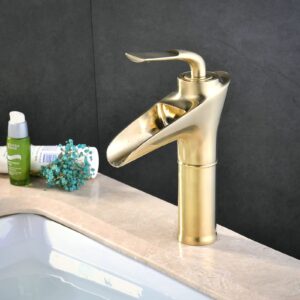 SHUNLI Waterfall Bathroom Faucet Brushed Gold Bathroom Sink Faucet,Single Hole Single Handle Lavatory Vanity Bath Faucet Commercial,Solid Brass