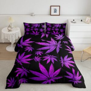 feelyou marijuana leaf queen size black purple comforter set weed leaf botanical bedding set for kids men women adults cannabis leaves comforter luxury puple hemp quilt set room decor 3pcs