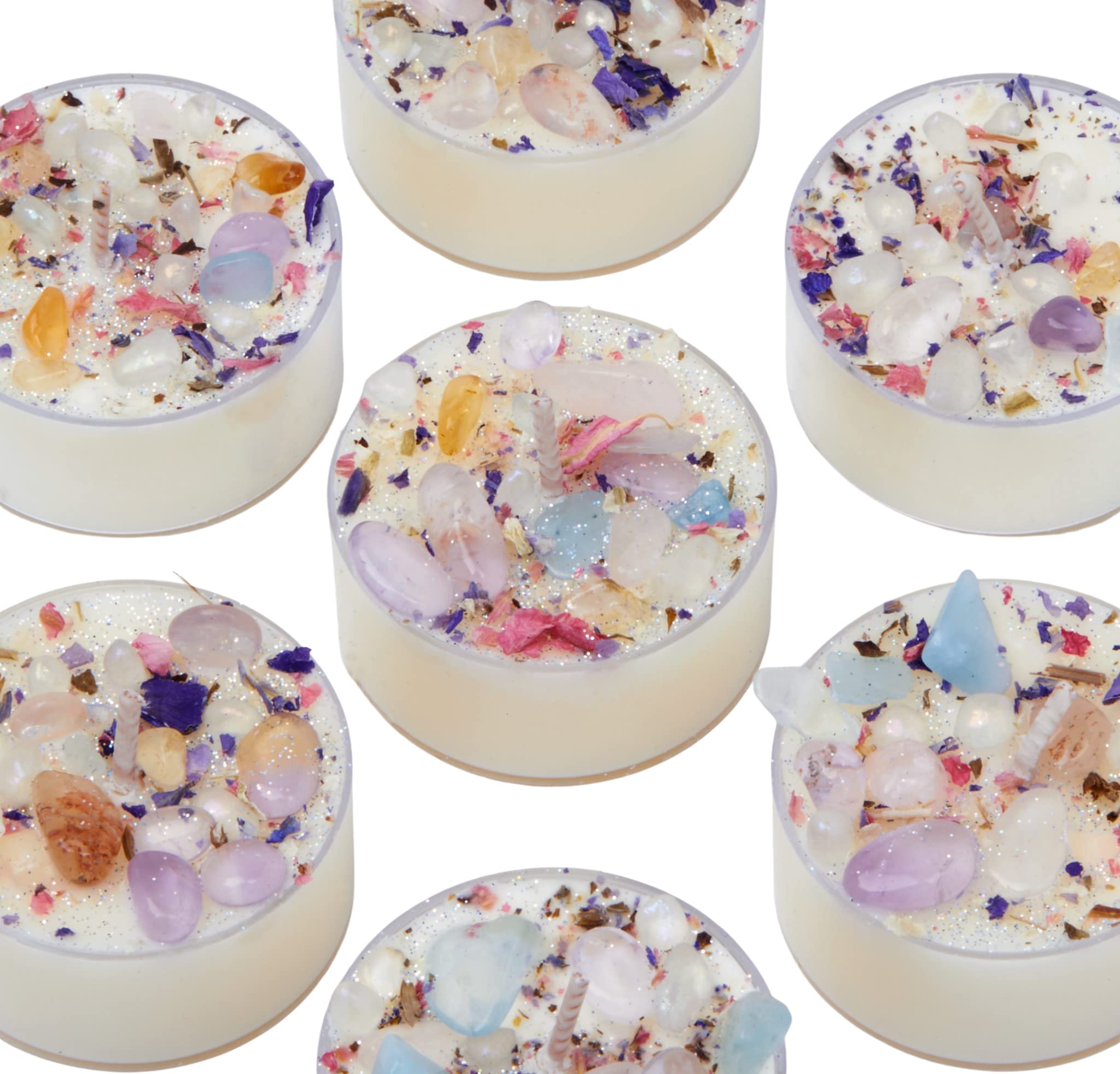 Unicorn Candle by New Moon Beginnings - Dried Flower & Crystal Candles - Soy Candles - Glitter Unicorn Candle - Angel Aura Quartz, Aquamarine, Rose Quartz - (Set of 6 Tealights)