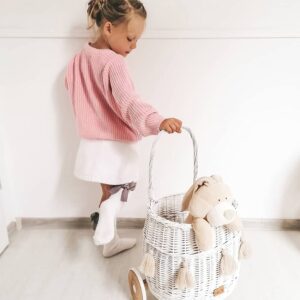 WIKLIBOX Rattan Pully Toy Basket - Handcrafted European Wicker Luggy Toy Storage - Natural, Durable & Stylish Organizer - Perfect for Kids' Rooms, Nurseries & Playrooms | Pink with Pom Poms