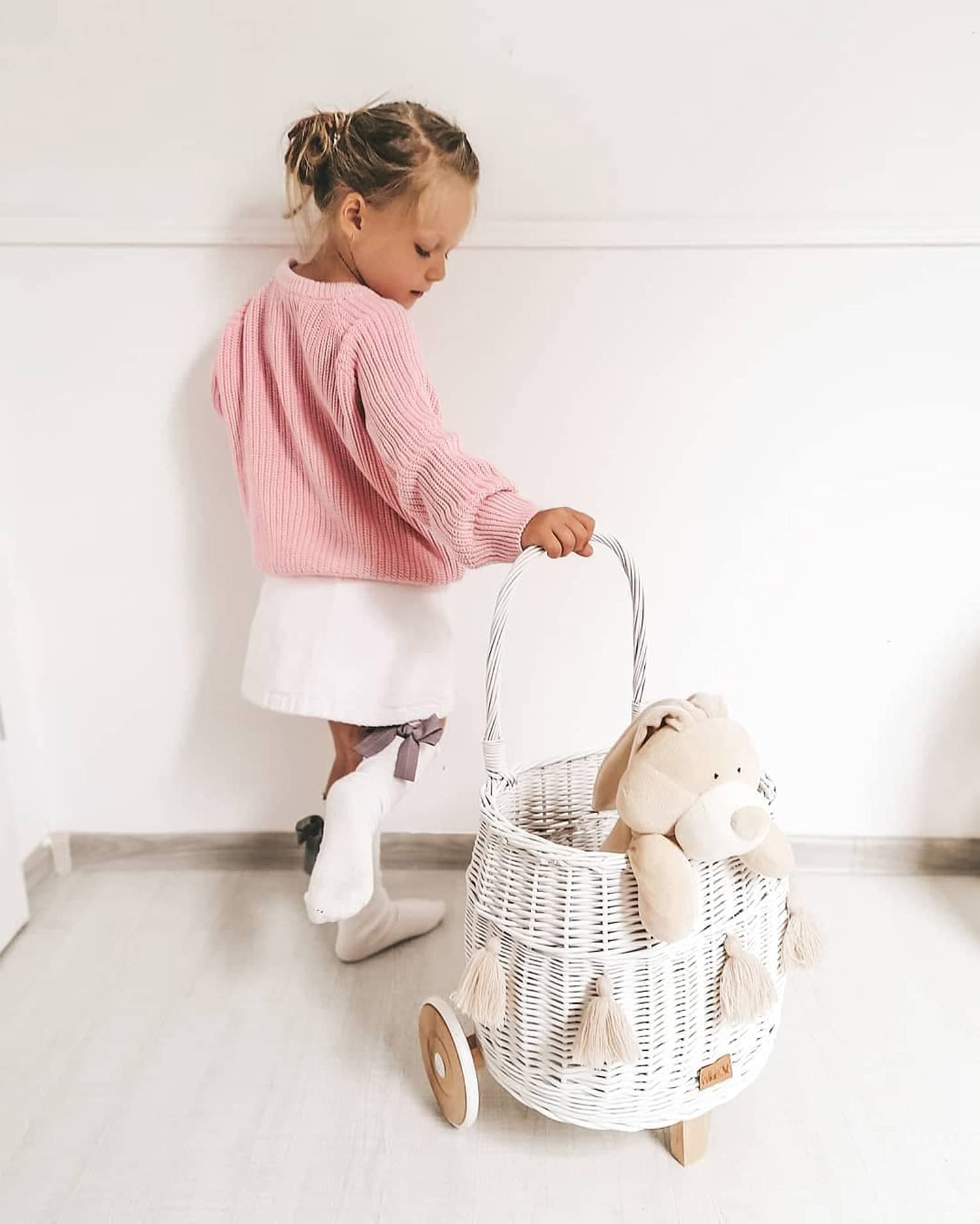 WIKLIBOX Rattan Pully Toy Basket - Handcrafted European Wicker Luggy Toy Storage - Natural, Durable & Stylish Organizer - Perfect for Kids' Rooms, Nurseries & Playrooms | Pink with Pom Poms