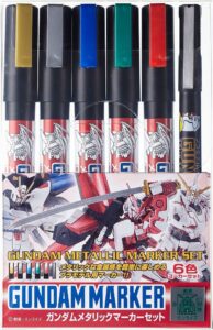 mr.hobbyミスターホビー gms121 gundam metallic marker set, paint type, felt tip pens, for painting gunpla, 5 colours & gm20 brush type black, set of 6, chisel