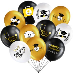 45 pieces nurse balloons 12 inch nursing congrats graduation celebration balloons decorations latex balloons for nurse doctor college high school graduation party supplies (black, gold, white)