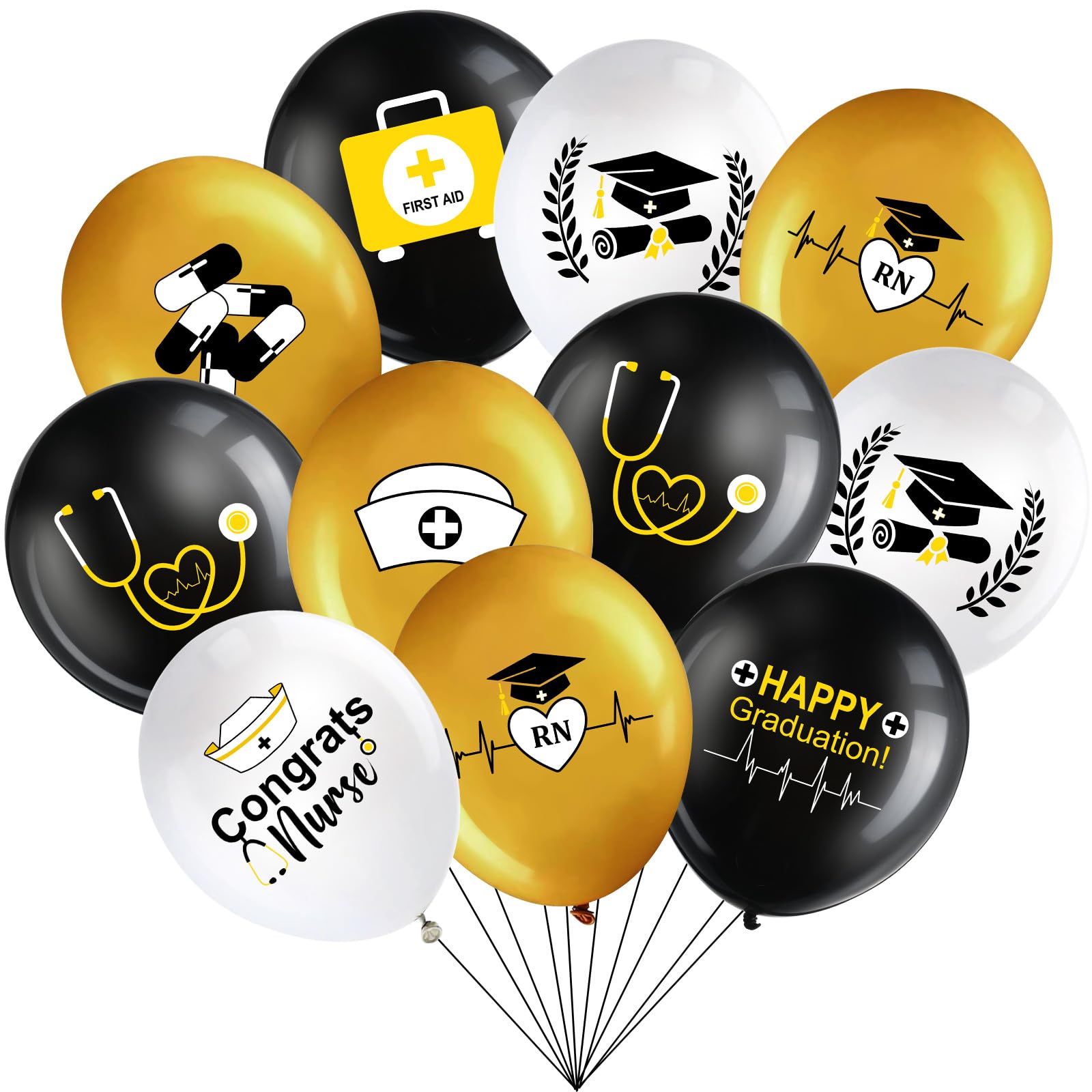 45 Pieces Nurse Balloons 12 Inch Nursing Congrats Graduation Celebration Balloons Decorations Latex Balloons for Nurse Doctor College High School Graduation Party Supplies (Black, Gold, White)