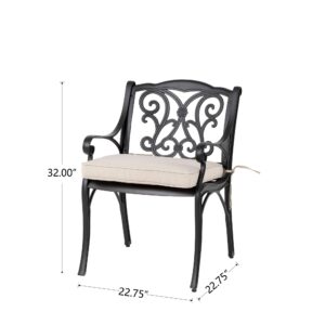 Glitzhome Elm Plus Set of 2 Cast Aluminium Patio Dining Chairs with Armrests Outdoor Chairs Dining Furniture, All Weather Frame with Thick Cushion for Porch Yard Balcony Kitchen, Beige