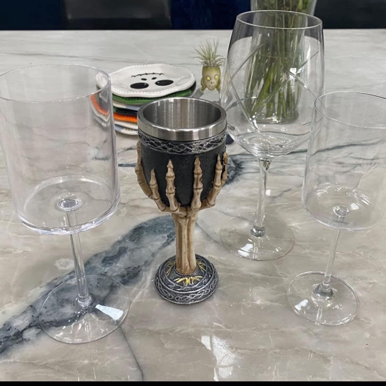 Horrible Resin Stainless Steel Skeletal Wine Goblet Skull Sacrifice Wine Chalice Cup Gothic Macabre Ossuary Halloween Decorative Accent Hosting Party Bar Whiskey Cocktail Beverage Drinking Glasses