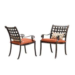 purple leaf 2 pieces patio dining chair antique bronze finished cast aluminum armchairs with cushion and pillow outdoor bistro set, brick red (set of 2)