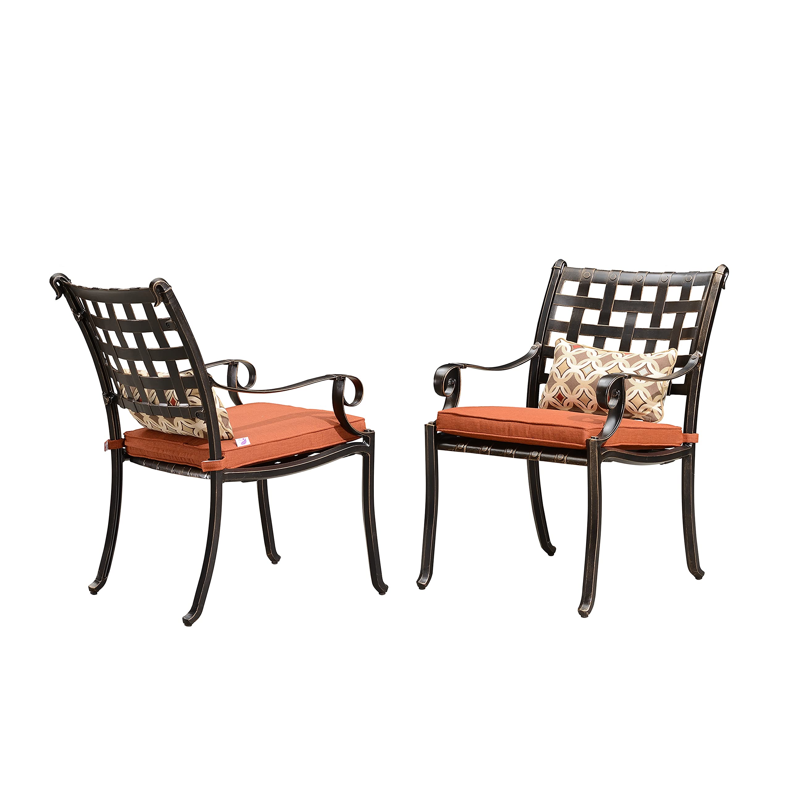 PURPLE LEAF 2 Pieces Patio Dining Chair Antique Bronze Finished Cast Aluminum Armchairs with Cushion and Pillow Outdoor Bistro Set, Brick Red (Set of 2)