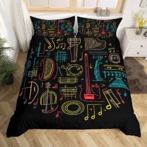 erosebridal musical instruments duvet cover drum kit bedding set twin size,saxophone cello comforter cover set for kids child boys girls,colorful music theme bedroom decor black