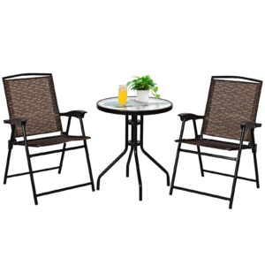 kotek patio bistro set, 3 piece outdoor furniture set w/round table & 2 folding chairs, tempered glass tabletop, bistro table and chairs for balcony, porch, courtyard, brown