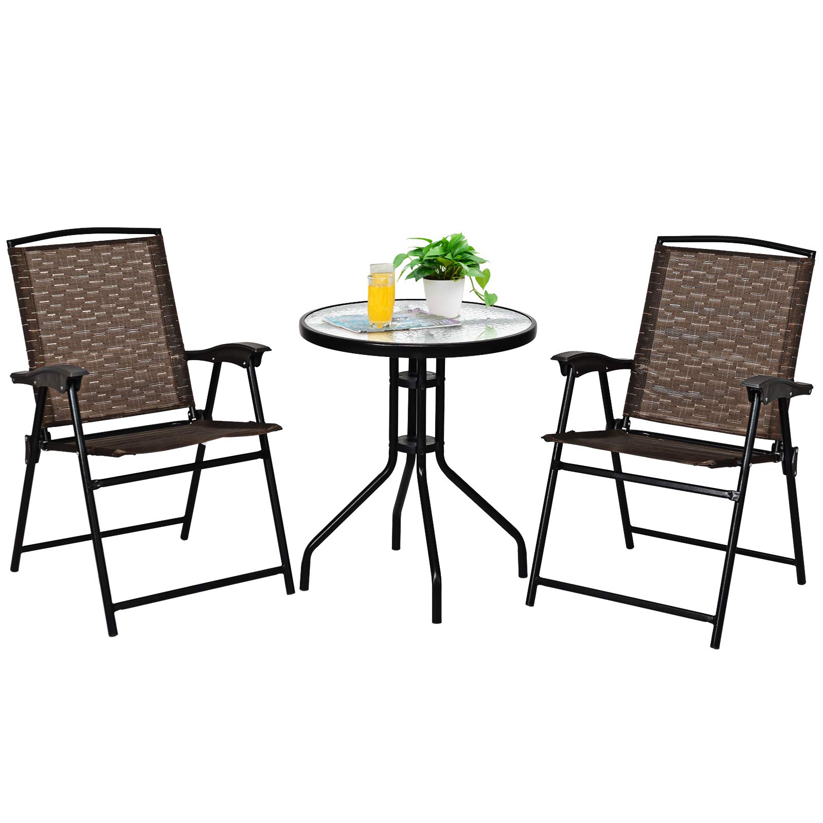 KOTEK Patio Bistro Set, 3 Piece Outdoor Furniture Set w/Round Table & 2 Folding Chairs, Tempered Glass Tabletop, Bistro Table and Chairs for Balcony, Porch, Courtyard, Brown