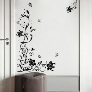 Supzone Flowers Vine Wall Decals Black Flower Wall Stickers Butterfly Floral Wall Decor Removable Vinyl DIY Home Wall Art Stickers for Bedroom Living Room Sofa Backdrop TV Wall Decoration