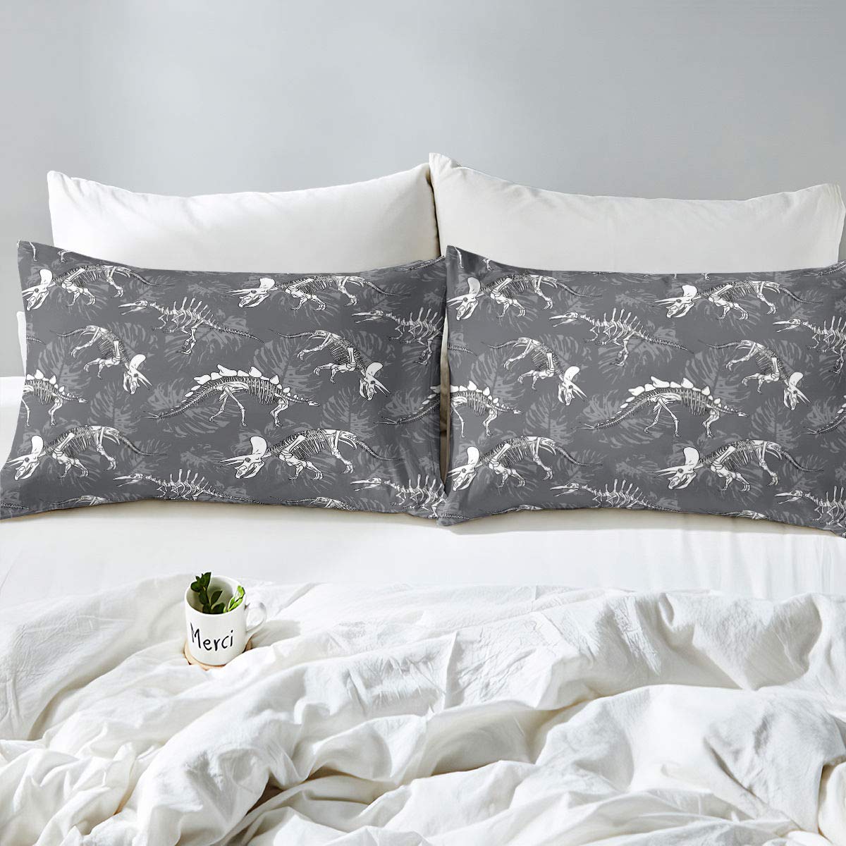 Erosebridal Dinosaur Duvet Cover Set Dinos Fossil Skull Comforter Cover for Kids Teen Boys Young Man Series Bedding Set Child Room Decor Ancient Animals Skeleton Bones Quilt Cover 3Pcs Full Size Grey