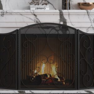 Fire Beauty Fireplace Screen 3 Panel Wrought Iron Metal 48"(L) x30(H) Spark Guard Cover(Sanded Black)