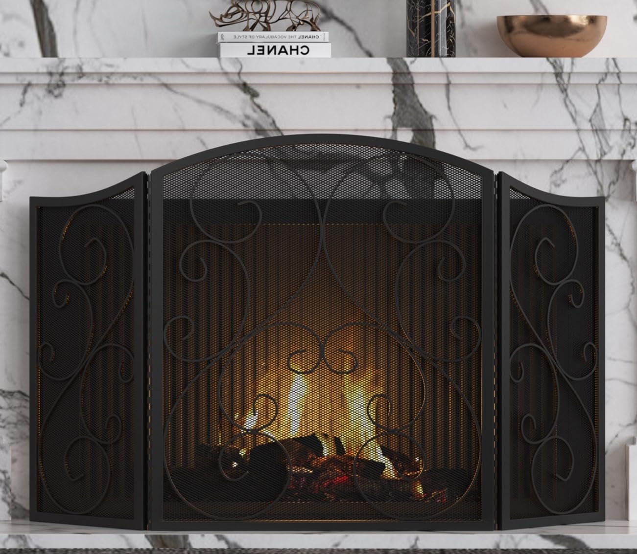 Fire Beauty Fireplace Screen 3 Panel Wrought Iron Metal 48"(L) x30(H) Spark Guard Cover(Sanded Black)