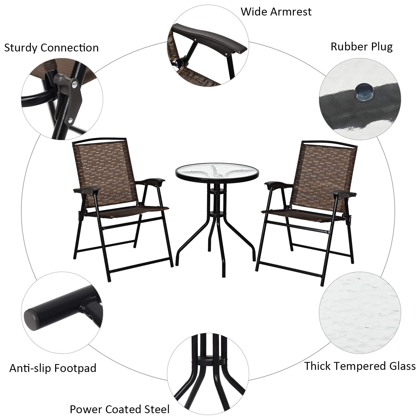 KOTEK Patio Bistro Set, 3 Piece Outdoor Furniture Set w/Round Table & 2 Folding Chairs, Tempered Glass Tabletop, Bistro Table and Chairs for Balcony, Porch, Courtyard, Brown