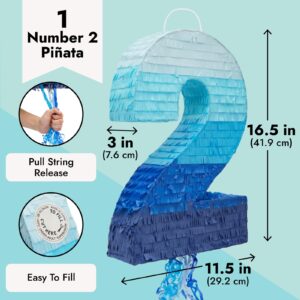 BLUE PANDA Number 2 Pinata - Pull String Pinata for Boys 2nd Birthday Party Decorations, Ombre Blue (16.5 x 11.5 x 3 In)