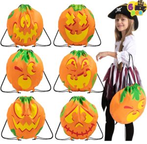 joyin 6 pcs halloween drawstring treat bags, large halloween pumpkin face backpacks for kids, 17" halloween trick or treat candy bags, goodie gift bags for halloween party favor supplies