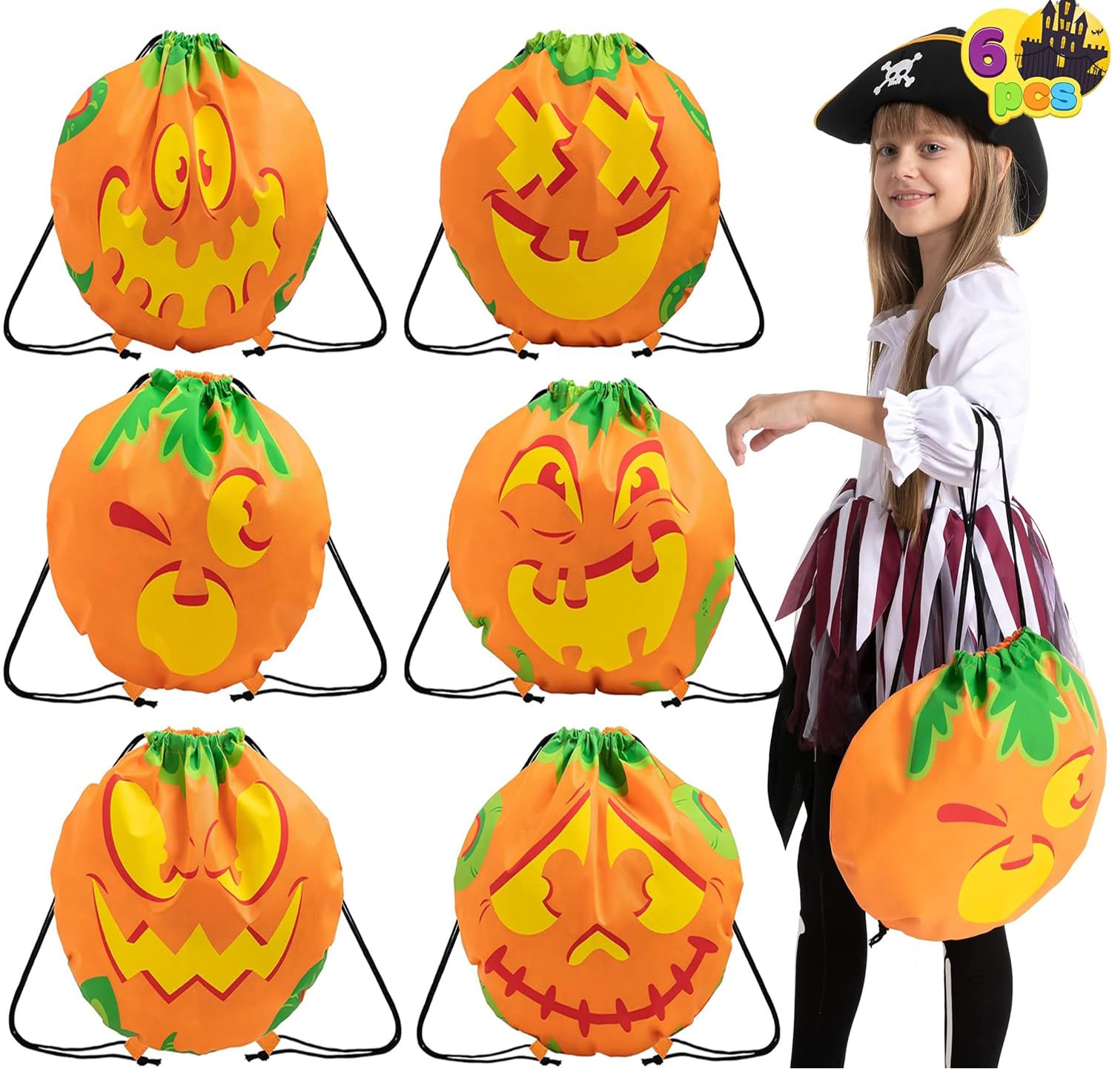 JOYIN 6 Pcs Halloween Drawstring Treat Bags, Large Halloween Pumpkin Face Backpacks for Kids, 17" Halloween Trick or Treat Candy Bags, Goodie Gift Bags for Halloween Party Favor Supplies