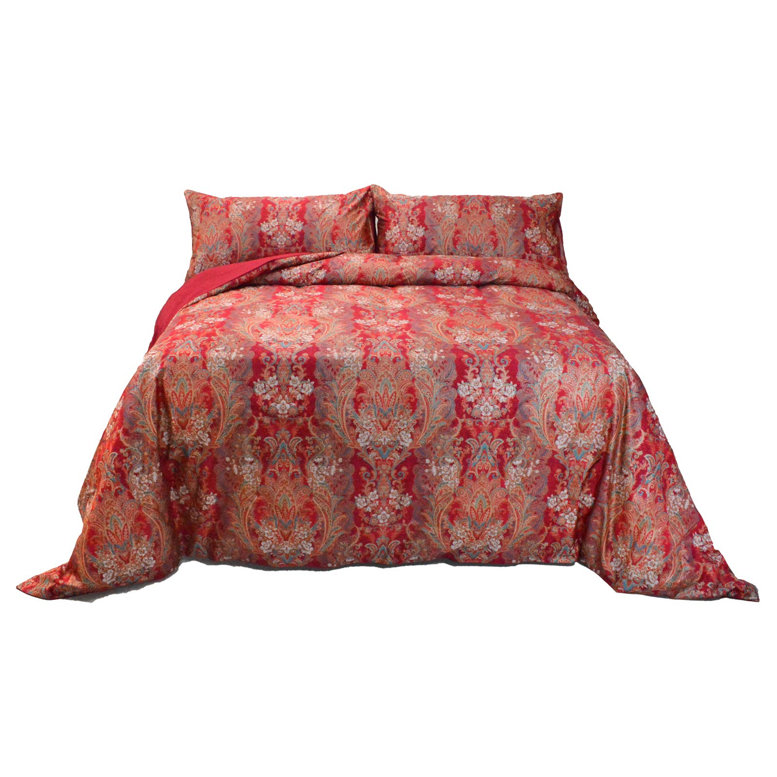 ABREEZE Boho Luxury Bohemian Retro Boho Bedding King 3 Pcs 100% Egyptian Cotton Paisley Damask Pattern Duvet Covers red and Gold 800 Thread Count