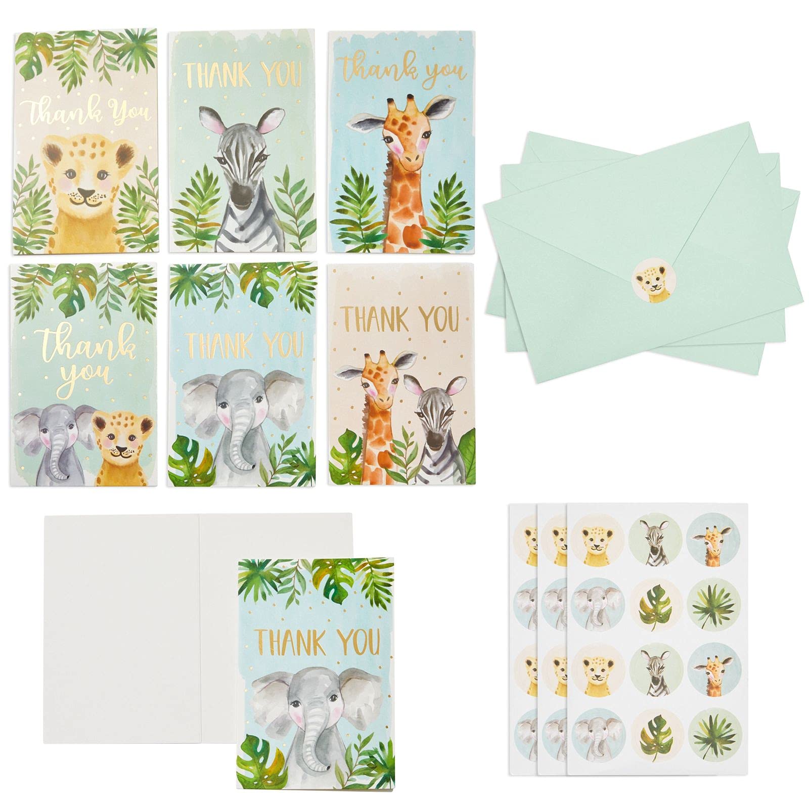 Pipilo Press Safari Baby Shower Thank You Cards with Envelopes, Seal Stickers (4x6 In, 48 Pack)