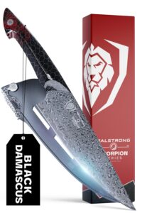 dalstrong chef knife - 9.5 inch - scorpion series - exclusive japanese v12 ultra steel - black damascus - black & red honeycomb resin handle - rock-chops, slicing, skinning gift knife-leather sheath