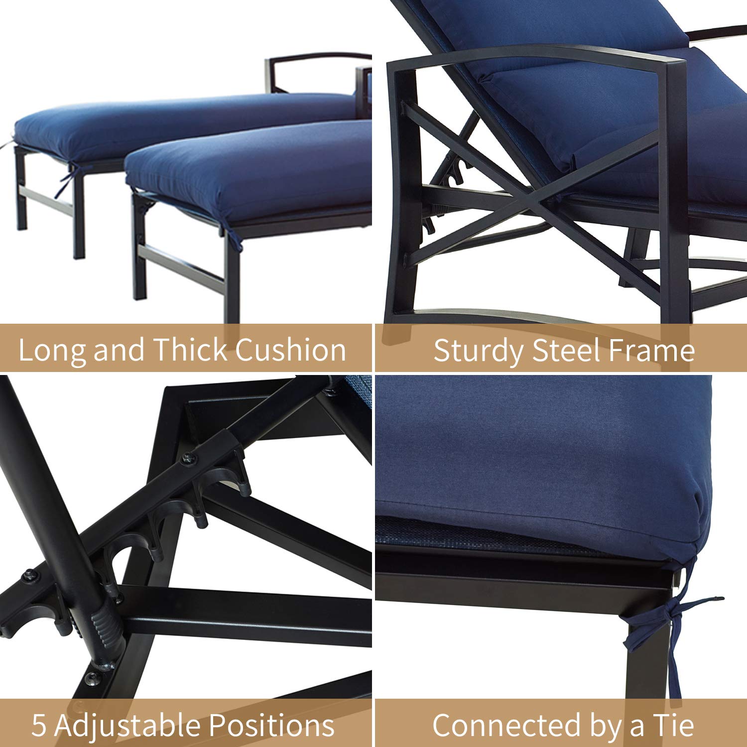 PatioFestival Patio Chaise Lounge Set of 4 Outdoor Adjustable Back Cushioned Chairs All Weather Steel Frame Lounger with Blue Pillow