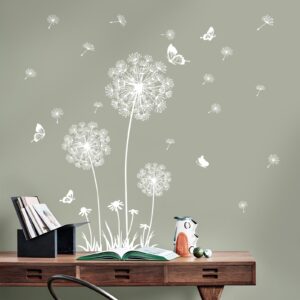 Supzone Dandelion Wall Stickers Flower Wall Decals Butterflies Flying Wall Decors Art Stickers for Bedroom Living Room Sofa Backdrop TV Wall Decor (White Dandelion)