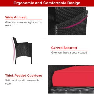 COOURIGHT Outdoor Loveseat, 2 Seats Chair with Table, Cushions, Tempered Glass Tabletop, Wicker Patio Conversation Furniture Set, Modern Rattan Sofa for Garden Lawn Backyard (Red)