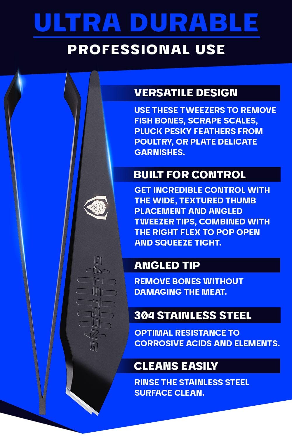 DALSTRONG Professional Fish Bone Tweezers - 6 inch - Premium 304 Stainless Steel - Black Titanium Coating - Ambidextrous Design - Angled, Beveled Tip for Precision Work - Fish Pliers Remover Tool