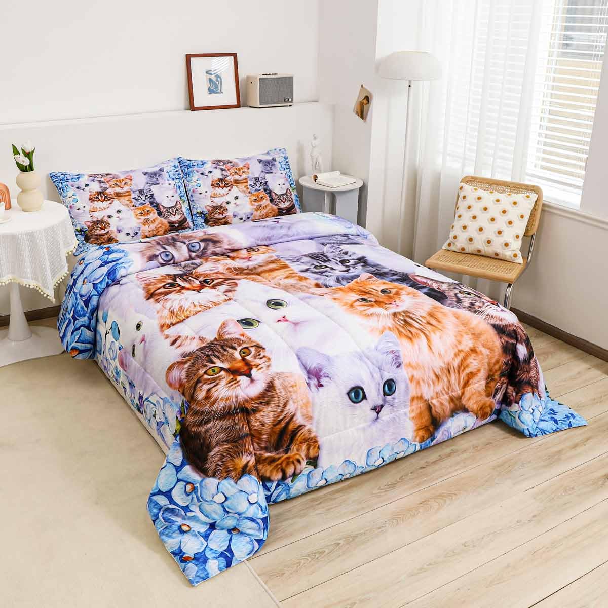 Feelyou Kawaii Animals Cute Comforter Twin Bedding Sets for Girls, Cartoon Cat Toddler Bedding Set Boys Soft Warm Comforter Set Cat Lovers Animal Decor Bedroom 1 Comforter + 1 Pillowcase,All Seasons