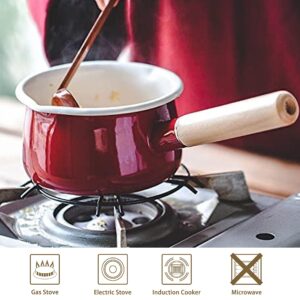 YumCute Home Enamel Milk Pan with Dual Pour Spout Butter Warmer Milk Pot for Stove Top Healthy White Enameled Inside Coating Iron 1QT Small Soup Pot with Wooden Handle Handy Pot (Red)