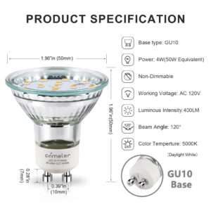 comzler GU10 LED Bulbs, GU10 Light Bulb 5000K Daylight White, LED Bulb Replacement Recessed Track Lighting, 50W Halogen Equivalent, 4W 400LM 110° Wide Beam, Non-dimmable, Pack of 6