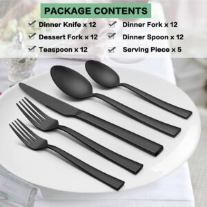 LIANYU 65-Piece Matte Black Silverware Set with Serving Utensils, Stainless Steel Flatware Cutlery Set for 12, Square Tableware Eating Utensils Set for Wedding Home, Satin Finish, Dishwasher Safe