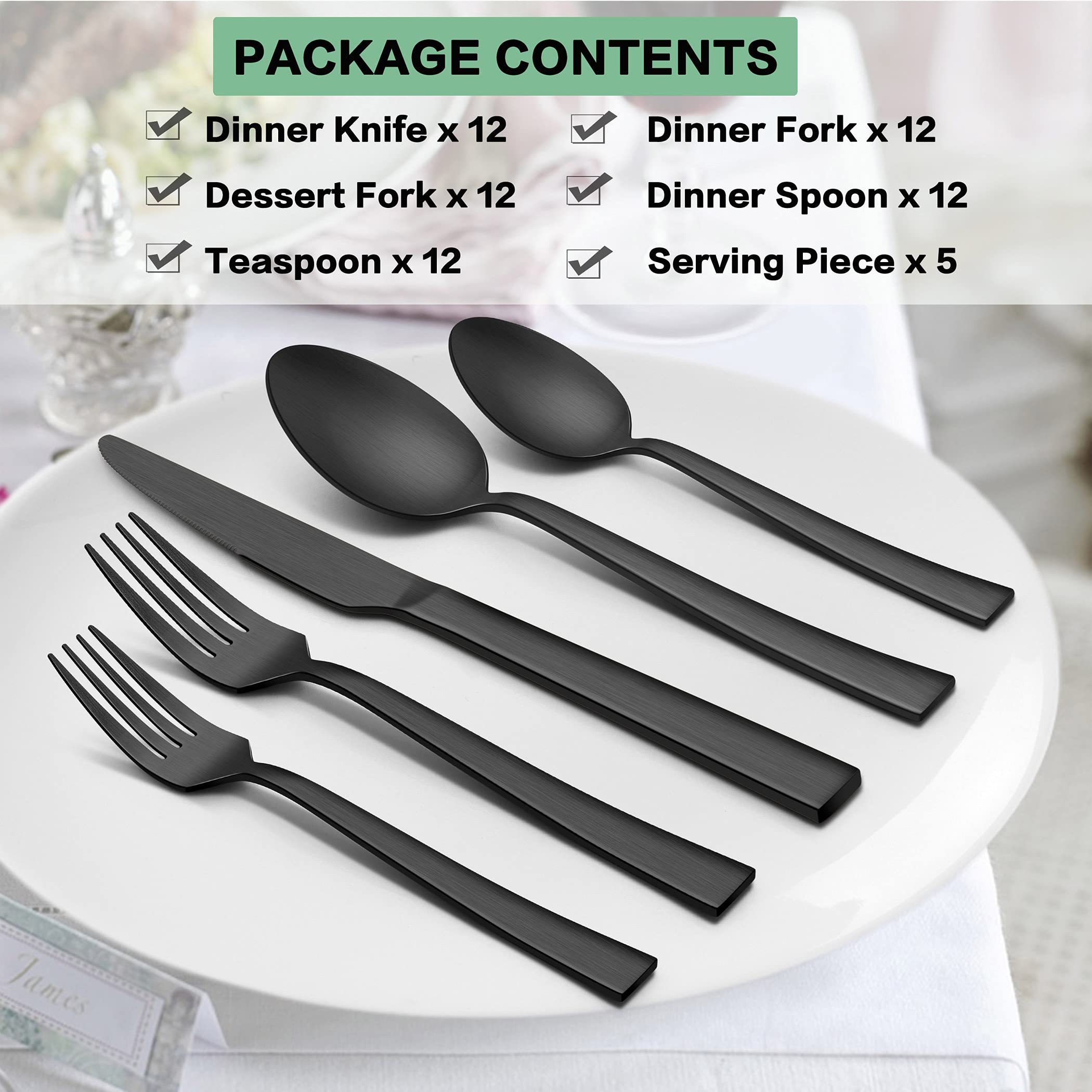 LIANYU 65-Piece Matte Black Silverware Set with Serving Utensils, Stainless Steel Flatware Cutlery Set for 12, Square Tableware Eating Utensils Set for Wedding Home, Satin Finish, Dishwasher Safe